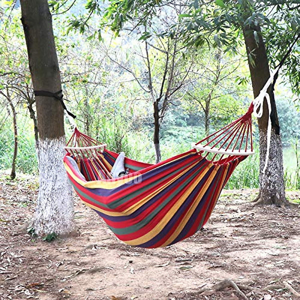 Anyoo Garden Cotton Hammock Comfortable Fabric Hammock with Spreader Bar Durable Hammock Up to 450lbs Portable Lightweight Hammock with Travel Bag,Perfect for Camping Outdoor/Indoor Patio Backyard