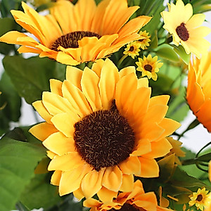 4 Bouquets of Artificial Sunflowers, Each Bunch of 4 Large Sunflowers Artificial Flowers Plus 9 Small Fake Flowers, Silk Fake Sunflowers for Home, Office, Garden Decor, DIY Flower Arrangement