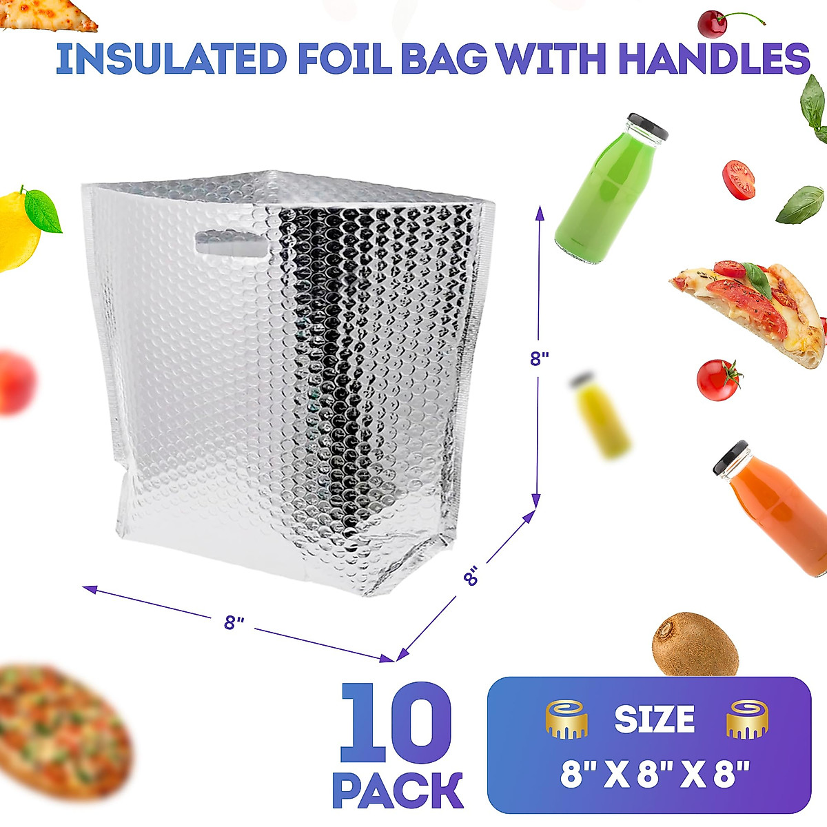 APQ Insulated Foil Bag with Handles, 8 x 8 x 8 Inches. 10 Pack Thermal Bags for Frozen Food. Metallized Foil Insulated Box Liners with Bubble Cushion. Insulated Shipping Bags for Food, Cosmetics