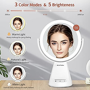 Lighted Makeup Vanity Mirror with 3 Colors, 6.5" Double Sided 1x/10x Magnifying Mirror with Lights, Adjustable Brightness&Standing Height, 360 Degree Rotation Touch Sensor,AC Adapter Powered