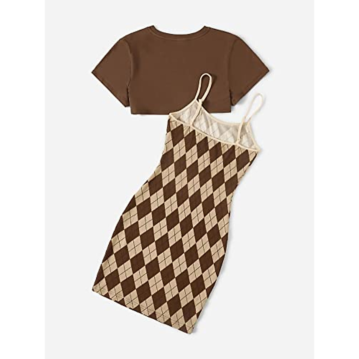 Verdusa Women's 2 Piece Outfit Argyle Print Bodycon Cami Dress with Crop Tee Top Brown S
