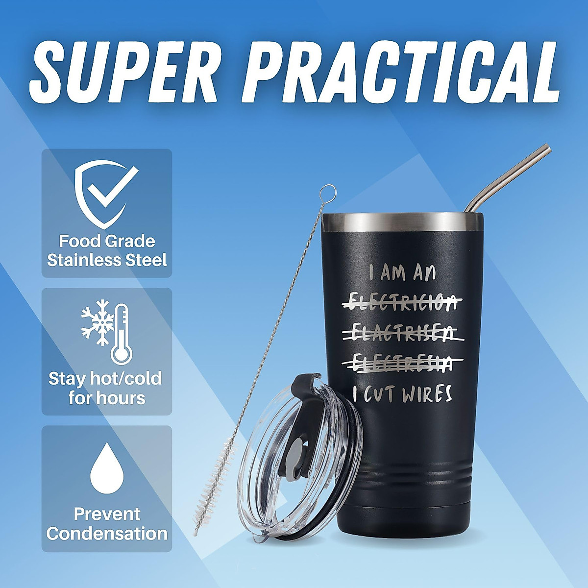 Onebttl Electrician Gifts Tumbler Travel Coffee Mug, for Dad, Husband, Father's Day, Birthday, Stainless Steel Insulated 20oz/590ml - I Cut Wires
