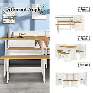 KYLE & KAY 3-Piece Dining Table Set, Corner Breakfast Nook Corner Set with Bench and Corner Seat, Space-Saving Kitchen Table for 4-6 People, Kitchen Corner Table, White