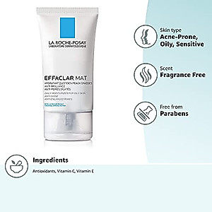 La Roche-Posay Effaclar Mat Oil-Free Mattifying Moisturizer for Face, Facial Moisturizer For Oily Skin, to Reduce Oil and Minimize Pores, Moisturizing Shine Control for Sensitive Skin