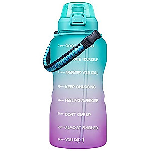 Giotto Large 1 Gallon Motivational Water Bottle with Paracord Handle & Removable Straw - Leakproof Tritan BPA Free Fitness Sports Water Jug with Time Marker-Green/Purple Gradient