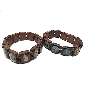 4 Pcs Wooden Rosary Jesus Bracelet Stretch Bangle, Strechable Small Panel Bracelet, with Pictures of Religious Saints Catholic Holy Gods Goddess Prayer Manifestation Bracelet