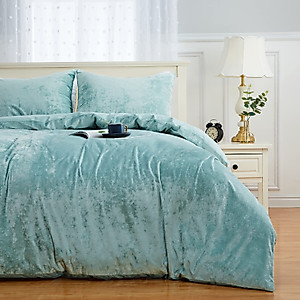 CAROMIO Velvet Duvet Cover Sets - 3 Pieces Lavish Design Comforter Cover King Size, Soft and Warm Bedding Cover Set for All Seasons, Aqua Green, 104x90 Inches
