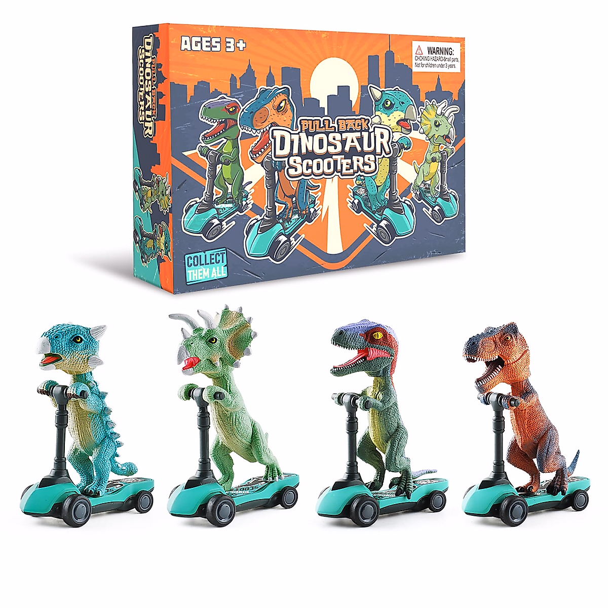 DINOBROS Dinosaur Scooter Toys Pull Back Cars Mini Finger Kick Scooters Boy Toy Age 3 4 5 6, Dino Gift Sets for Kids 4-Pack