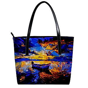 Fashion Leather Handbags Oil Painting Scenery Tote Bag With Zipper for Beach Shopping School Work Travel Business