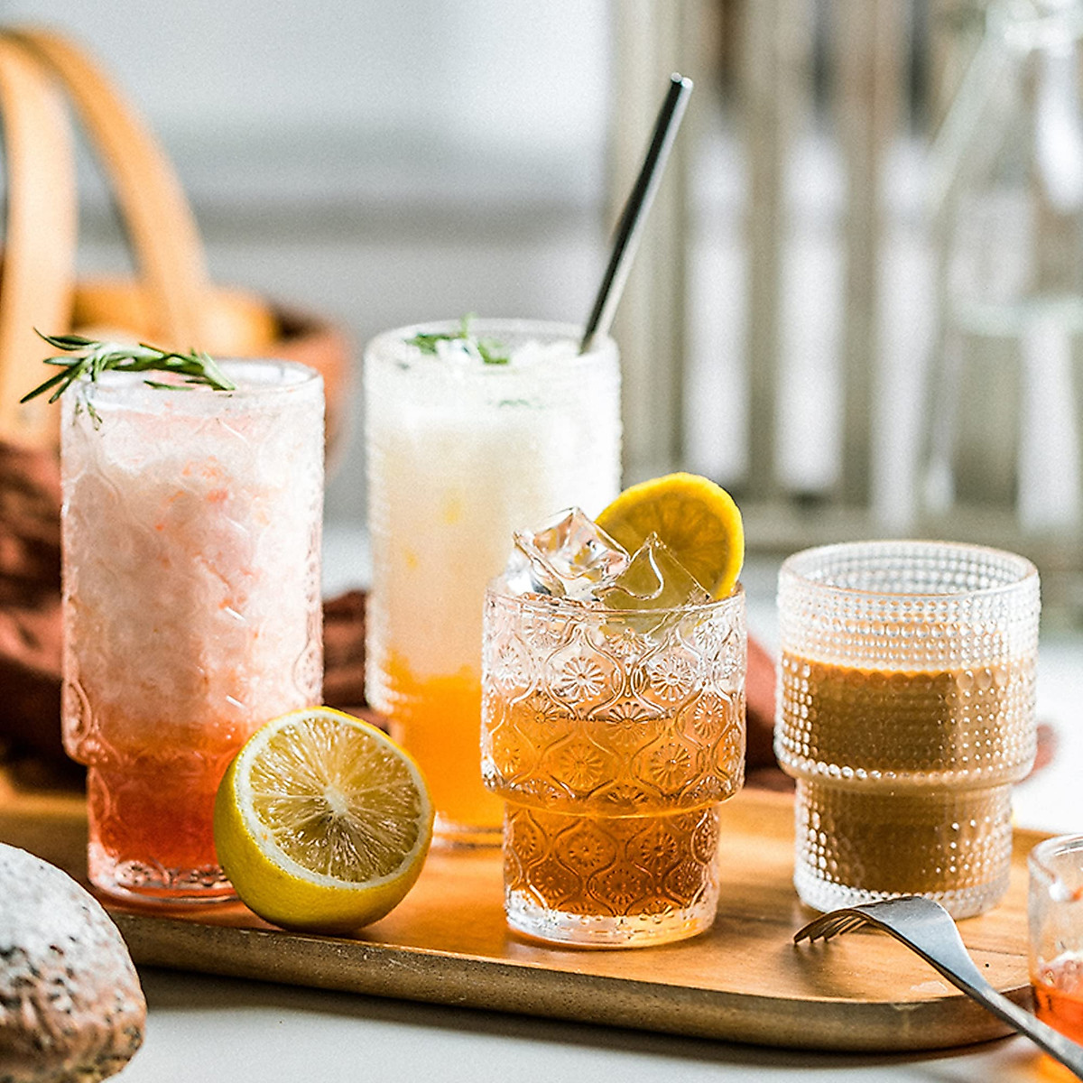 POLIDREAM Vintage Glassware Set of 4 pcs Glass Cups, 2 Embossed Stackable Pattern Style & 2 Raindrop Origami Style, Elegant Old Fashioned Glasses, Ideal for Whiskey, Cocktail, Ice Coffee, Beer