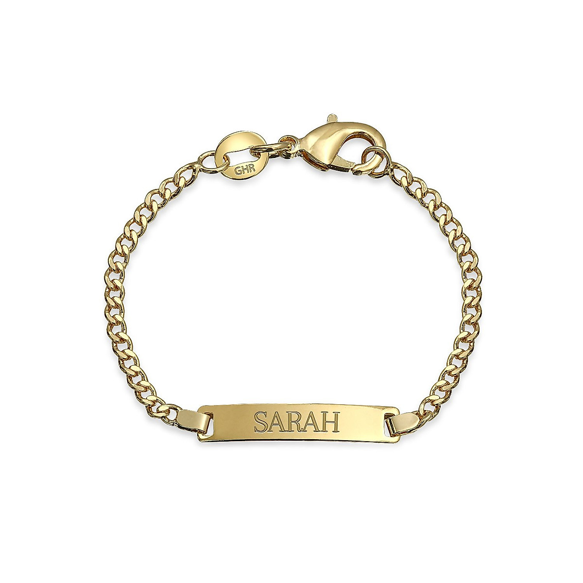 Bling Jewelry Personalized 18K Gold Plated Brass Tiny Identification Tag ID Bracelet Lightweight For Small Wrists 5 Inch Custom Engraved