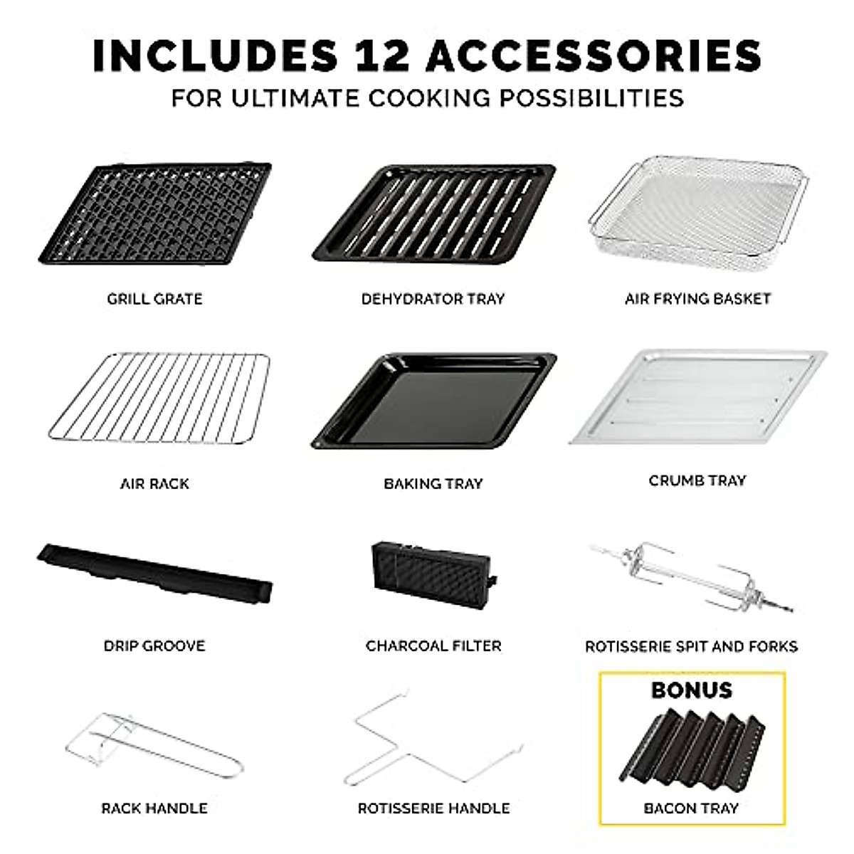 Kalorik MAXX Air Fryer Oven Grill Deluxe AFO 51041 SS |26 Quart Digital Smokeless Indoor Grill & Air Fryer Oven Combo - Always-Clean Interior, 12 Accessories, BBQ, Rotisserie| 1700W | Black & Stainless Steel