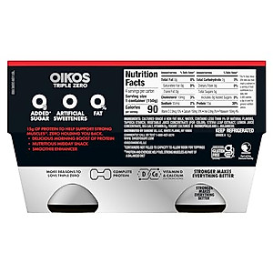 Oikos Triple Zero Strawberry Nonfat Greek Yogurt Pack, 0% Fat, Sugar Free and 0 Artificial Sweeteners, Just Delicious High Protein Yogurt, 4 Ct, 5.3 OZ Cups