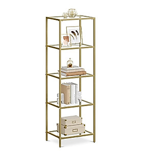 VASAGLE Bookcase, 5-Tier Bookshelf, Slim Shelving Unit for Bedroom, Bathroom, Home Office, Tempered Glass, Steel Frame, Gold Color ULGT029A01