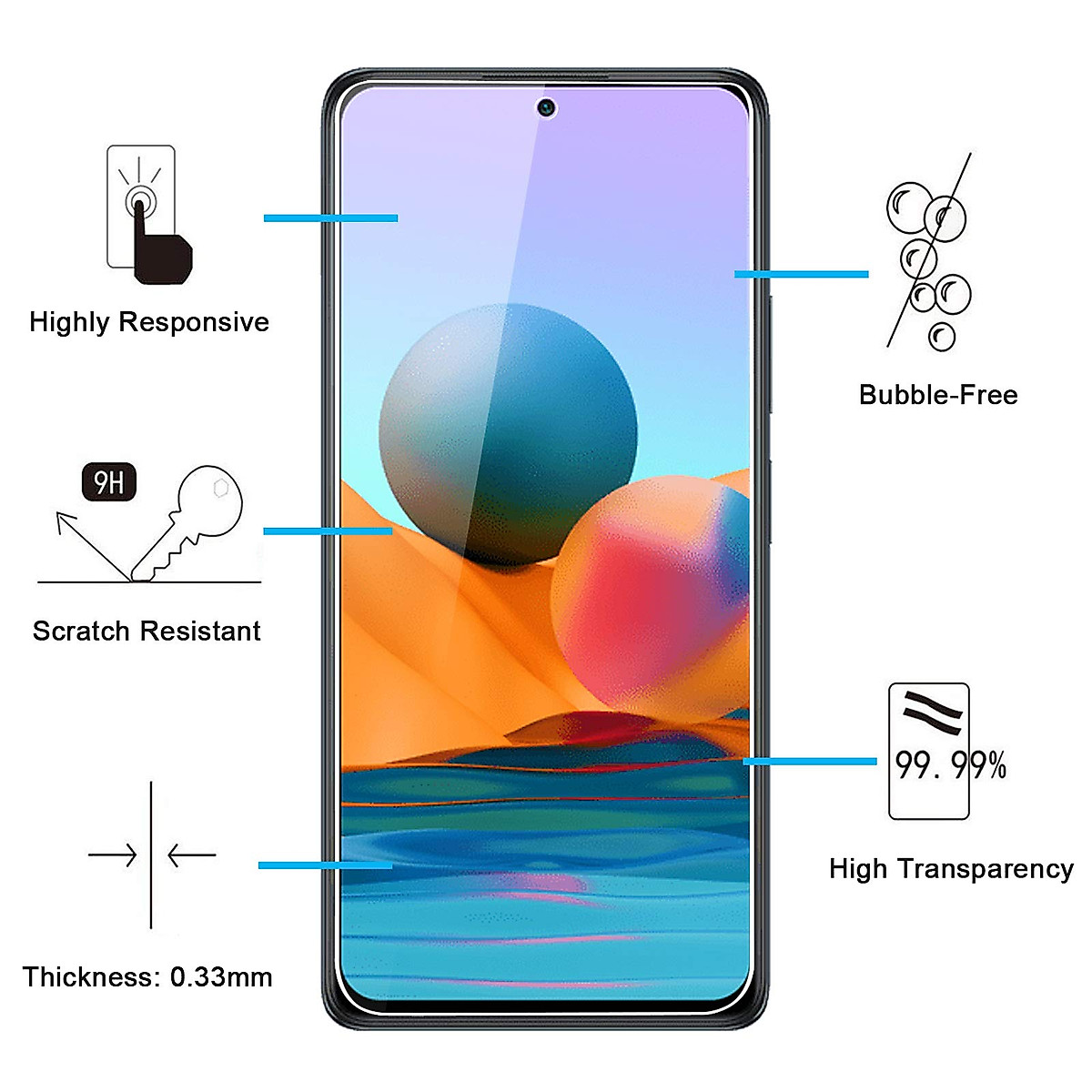NEW'C 3 Pack Designed for Xiaomi Redmi Note 10 Pro, 10 Pro Max 4G, Tempered Glass Anti-Scratch, Anti-Fingerprints, 9H Hardness, 0.33mm Ultra Transparent, Ultra Resistant