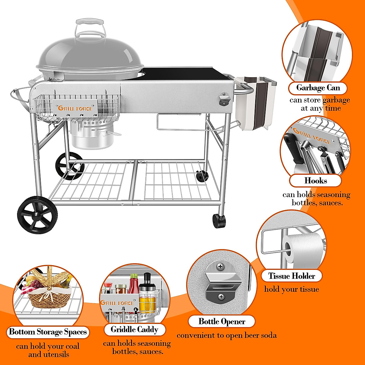 GRILL FORCE Grill Table for Weber 18" & 22" Original Kettle,Kettle Grill Cart,Outdoor Prep Table for Weber Original Kettle,Jumbo Joe,Master-Touch Charcoal Grill,Performer Charcoal Grill Accessories