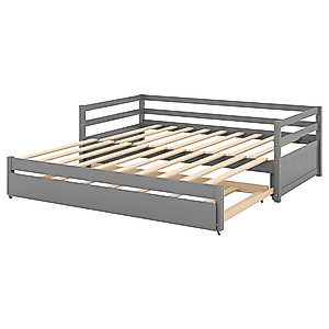 Merax Modern Extending Daybed with 2 Pop Up Trundle Beds Twin to King Wood Sofa Day Bed with Headboard No Box Spring Needed Grey