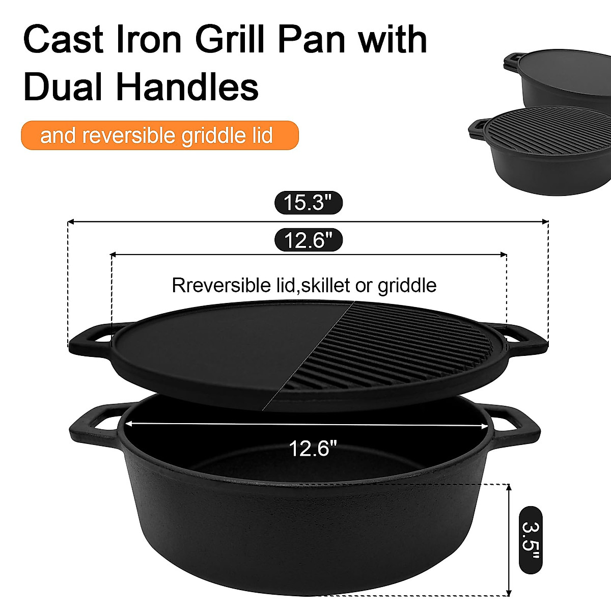GEDIAO 3IN1 Pre-Seasoned Cast Iron Pan With Reversible Grill Griddle Lid, Multi Cooker Deep Roasting Grill Pan, Dutch Oven with Lid, Non-Stick Open Fire Camping, 5.2QT