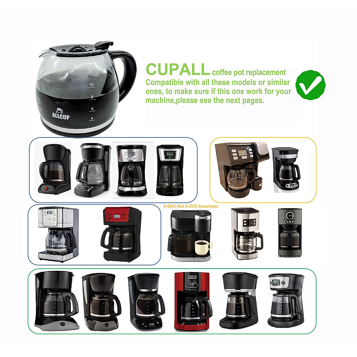 12-CUP Glass Replacement Coffee Carafe Compatible with Mr. Coffee, Black & Decker, Cuisinart and More, Black Close Handle