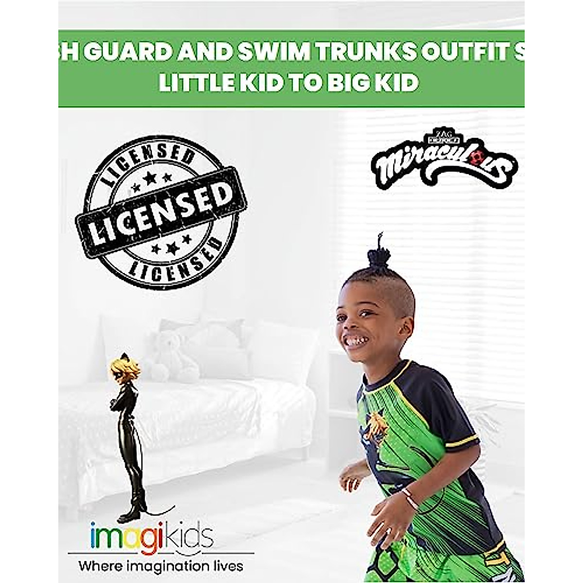 Miraculous Cat Noir Little Boys Pullover Swim Rash Guard Swim Trunks Green 5