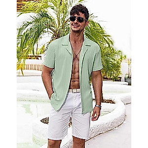 COOFANDY Men's Linen Shirts Short Sleeve Button Down Shirt for Men Fashion Summer Beach Shirt, Light Green, L
