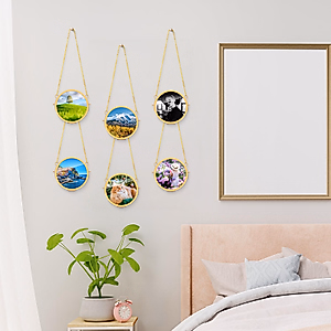 BBTO 8 Pack Round Hanging Glass Frame Small Brass Hanging Photo Frames Set Wall Mounted Gold Double Glass Display for Pressed Flowers Photos Dried Specimen DIY Artwork Display Decoration, 3.9 Inch