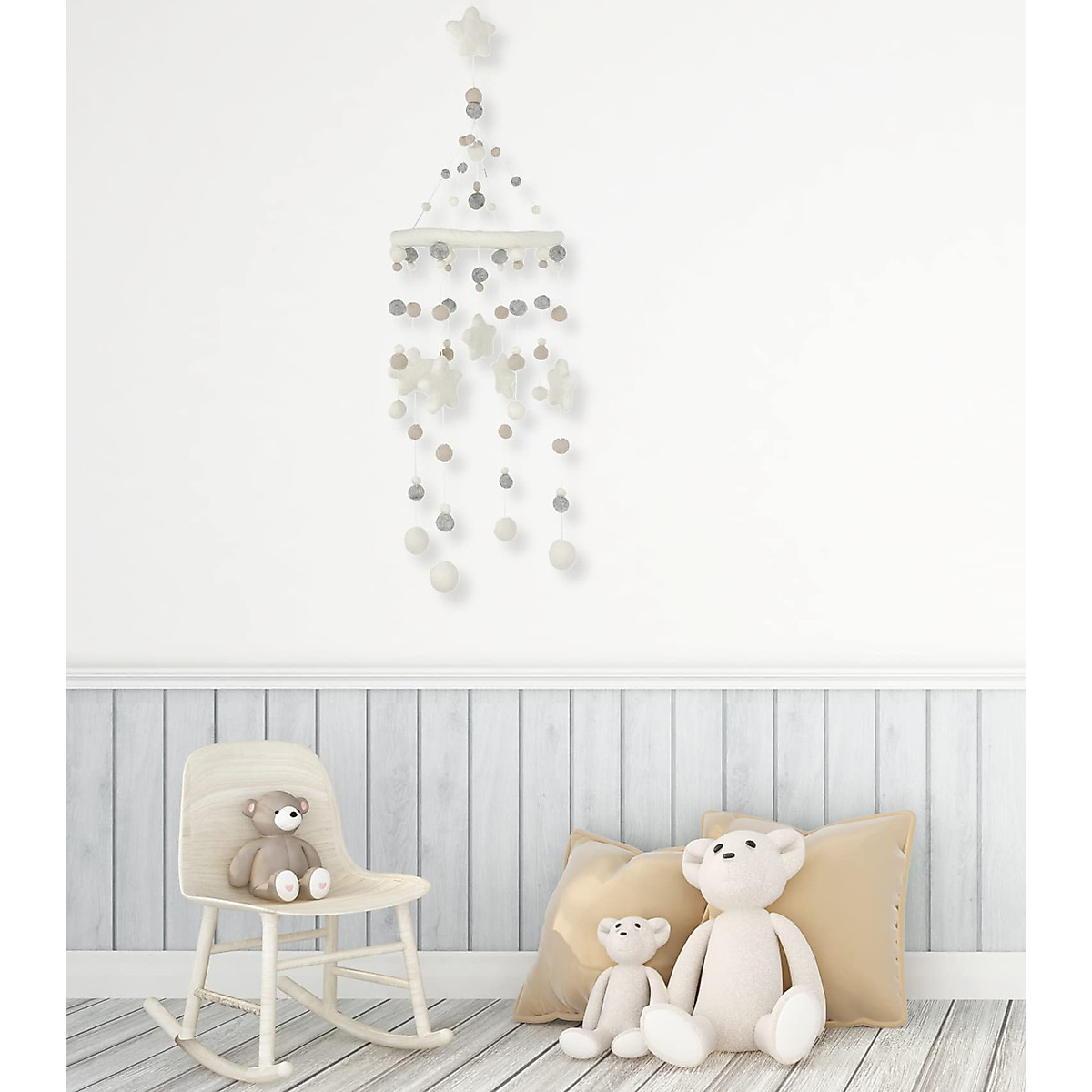 Wool Stars Nursery Mobile for Baby's Room Decoration, Unisex Boy Girl White Grey Taupe