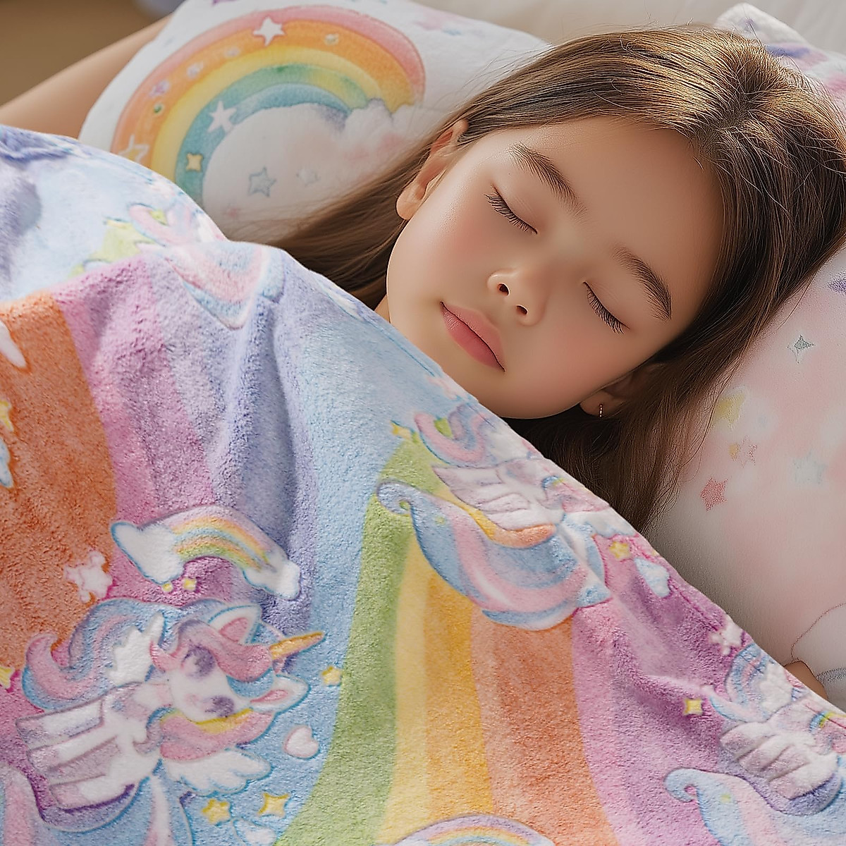Glow in The Dark Rainbow Unicorn Flannel Throw Blanket – Soft and Cozy for Girls Ages 3 to 10, Suitable for Bedroom, Travel, Camping, Napping, Christmas and Birthday Gift for Girls, Size 50"x60"