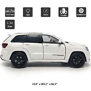 Grand Cherokee Trackhawk Toy Car Diecast Model Car 1/32 Scale SUV Vehicle Metal Zinc Alloy Casting, Light Sound, 4 Doors Open, Boys Toys Kids Birthday Gifts Mens Collection, White