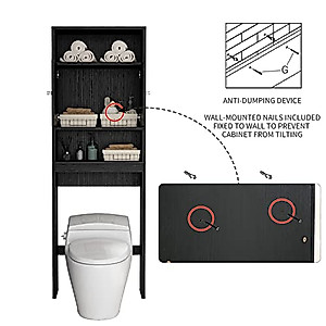 Hcman Over The Toilet Storage Cabinet - 77" H Over Toilet Bathroom Cabinet Organizer with Open Shelves and Double Doors, Black