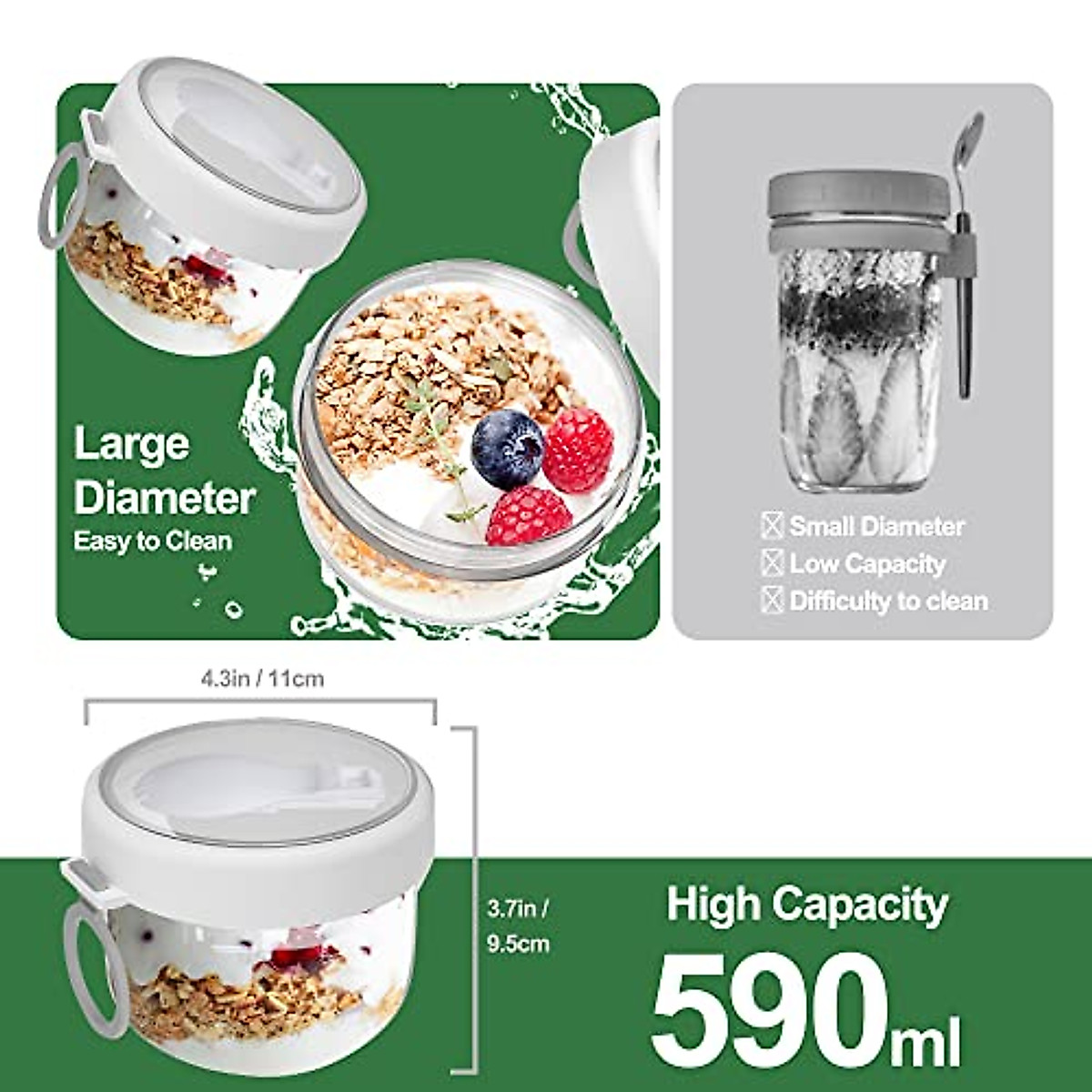 20oz Overnight Oats Containers with Lids,Oatmeal Container To Go with Lids and Spoon Leak-proof Overnight Oats Jars for Breakfast On The Go Cups (White)