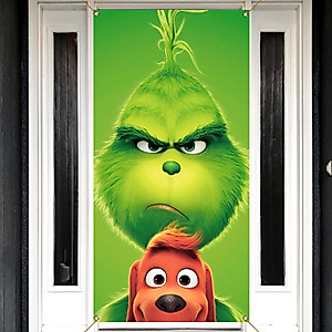 Nepnuser Grinchmas Door Cover Christmas Green Elf Decoration Winter Holiday Party Backdrop Door Hanging Banner