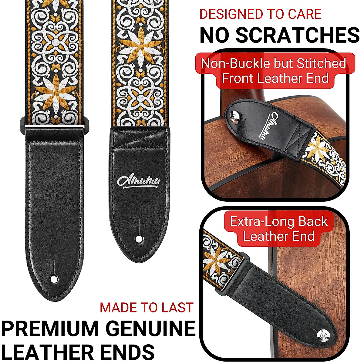 AMUMU Hootenanny Embroidery Guitar Strap Yellow Cotton for Acoustic, Electric and Bass Guitars with Strap Blocks & Headstock Strap Tie - 2" Wide