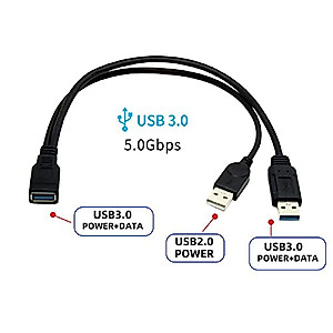 cablecc Black USB 3.0 Female to Dual USB Male Extra Power Data Y Extension Cable for 2.5" Mobile Hard Disk