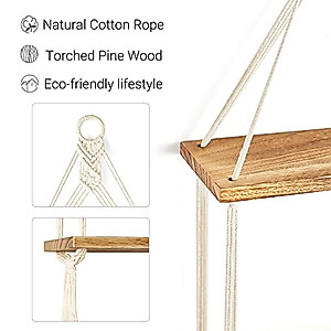 Mkono Macrame Hanging Shelf Boho Wall Decor 2 Tier Handmade Cotton Rope Rustic Wood Floating Shelves Display Photos Plants Hanging Storage Shelving for Living Room Nursery Bathroom Bedroom