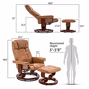MCombo Swivel Recliner with Ottoman, Multi-Position Leisure Office Chair with Adjustable Back, Faux Leather Ergonomic Lounge Chairs w/Footrest for Bedroom Living Room 9019 (Saddle)