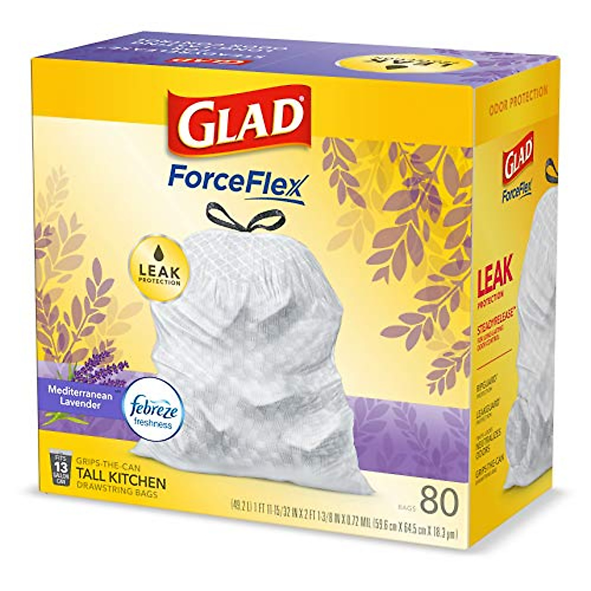Glad ForceFlex Tall Kitchen Drawstring Trash Bags 13 Gallon White Trash Bag, Mediterranean Lavender scent with Febreze Freshness 80 Count (Package May Vary)