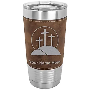 LaserGram 20oz Vacuum Insulated Tumbler Mug, Calvary Cross, Personalized Engraving Included (Faux Leather, Rustic)