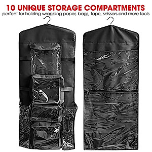 Hanging Gift Wrapping Paper Storage Organizer Bag, Double Sided Multiple Front & Back Pockets Organize Your Gift Wrap, Gift Bags Bows Ribbons 40"X17" Fits Long 40 Inch Rolls Clear PVC Bag (Full Black)