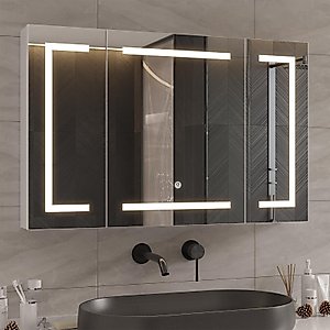 DICTAC Medicine Cabinets with Mirrors and Led Lights 39.4''x23.6'' Wall Bathroom Mirror with Storage and Charging Station Wall Mounted 3 Doors Mirror Medicine Cabinet Organizer with Storage,White