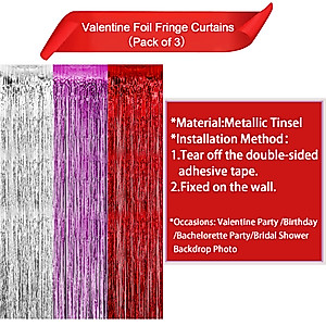 3 Pack Red Foil Fringe Curtains Valentines Day Party Decoration, 3.3X8.2 ft Silver Pink Red Fringe Backdrop for Valentines Decor Tinsel Fringe Curtain Party Photo Backdrop Streamer for Bachelorette