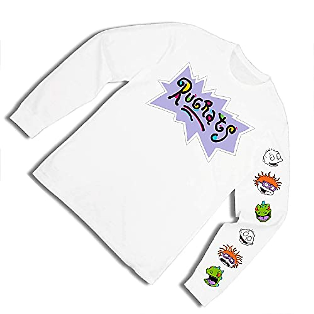 Nickelodeon Mens Long Sleeve Shirt - #TBT Mens 1990's Clothing - Rugrats, Hey Arnold, Ren and Stimpy (White, X-Large)