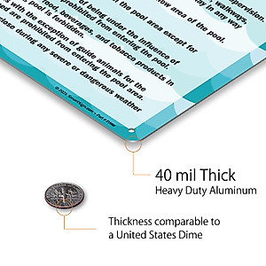 SmartSign 14 x 10 inch “Pool Rules - Shower Before Entering, Glass Prohibited, No Spitting…” Metal Sign, Screen Printed, 40 mil Laminated Rustproof Aluminum, Blue, Black and White, Made in USA