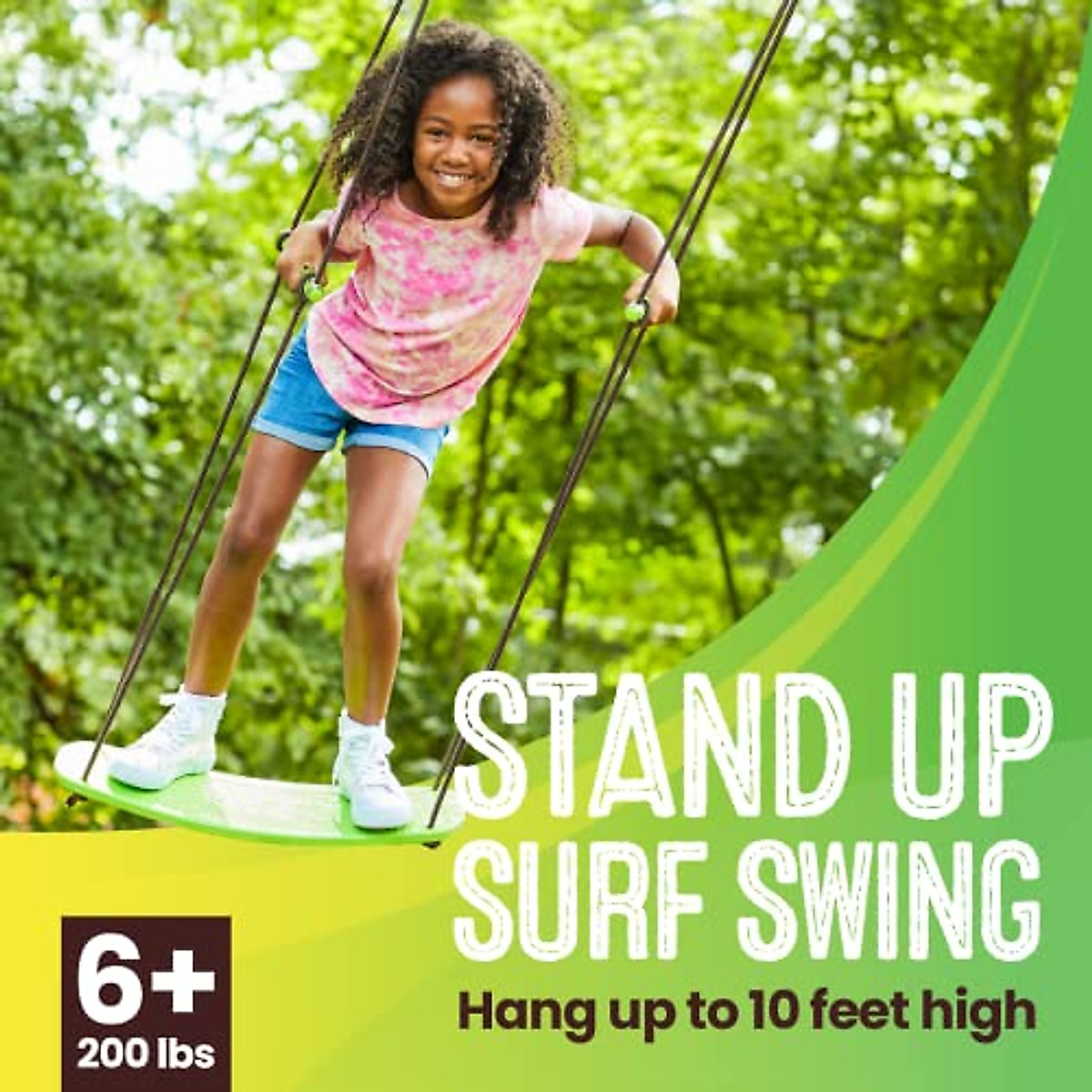 Swurfer Kick Stand Up Surfing Tree Swing Outdoor Swings for Kids Up to 150 Lbs - Hang from Up to 10 Feet High - Includes 24" SwingBoard, UV Resistant Rope, & Handles, Green