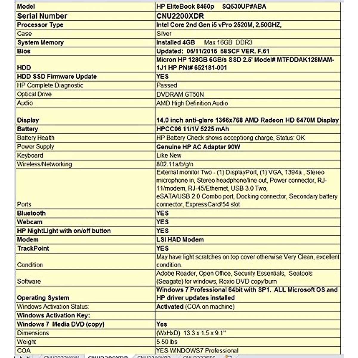 HP Elitebook 8460p 2.5GHz Intel Core i5-2520M processor, 8GB DDR3 memory, 250GB HDD, Windows Professional 64-bit