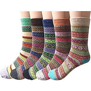 Pack of 5 Womens Vintage Style Cotton Knitting Wool Warm Winter Fall Crew Socks, Mixed Color 1, One Size - fit shoe sizes from 5-10