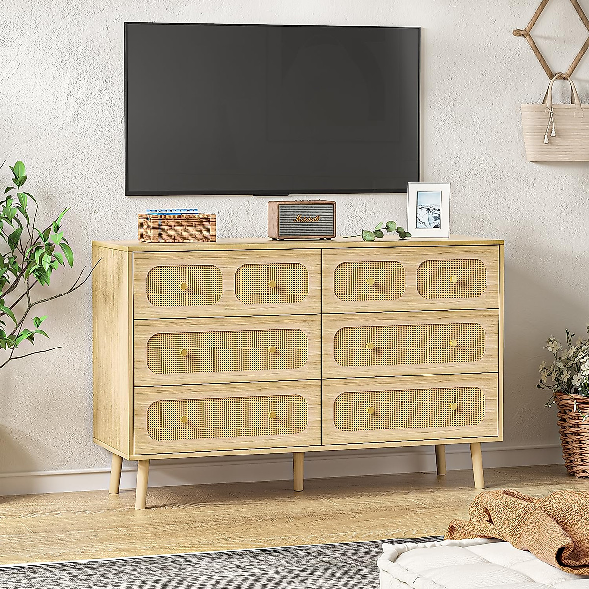 HOUROM Rattan Dresser for Bedroom, Modern 6 Drawer Double Dresser with Gold Handles, Natural Wood Storage Dressers & Chests of Drawers, 6 Drawer Dressers