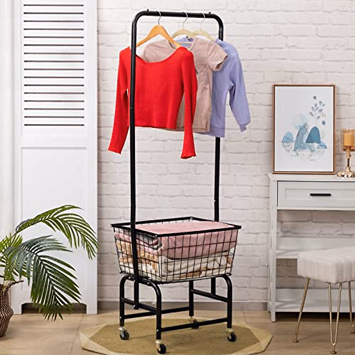 ALIMORDEN Laundry Cart with Clothes Rack, Rolling Laundry Butler with Wire Storage Rack，Black