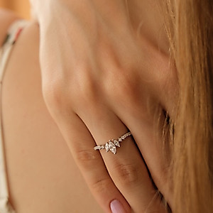 espere Rhodium Plated Sterling Silver Tiara & Crown Dainty Curved Wedding Band Ring Marquise Cut 3-Stone V Arched Promise Ring Size 4