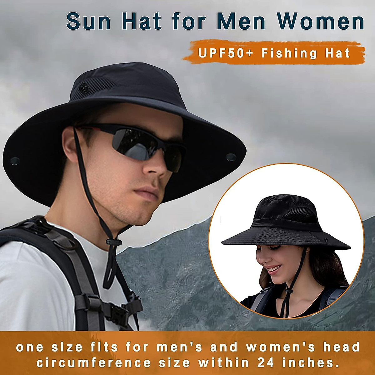 ZOORON Sun Hats for Men Women, Fishing Bucket Hats, Wide Brim UV Protection Waterproof Breathable Boonie Hats (1Pack-Black)